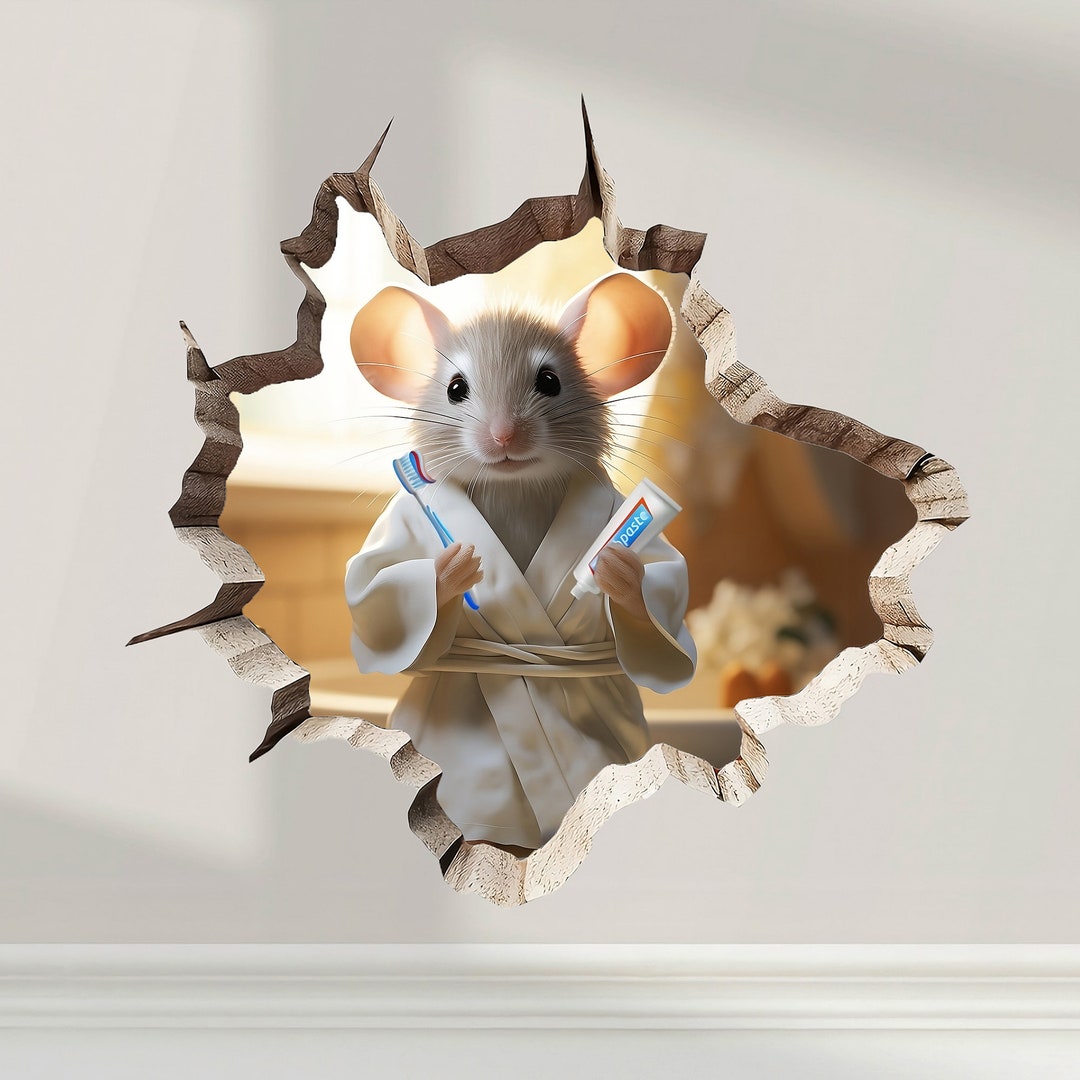 Cute Mouse Hole, Mouse Brushing Teeth in Wall Hole Decal, Mouse Hole ...