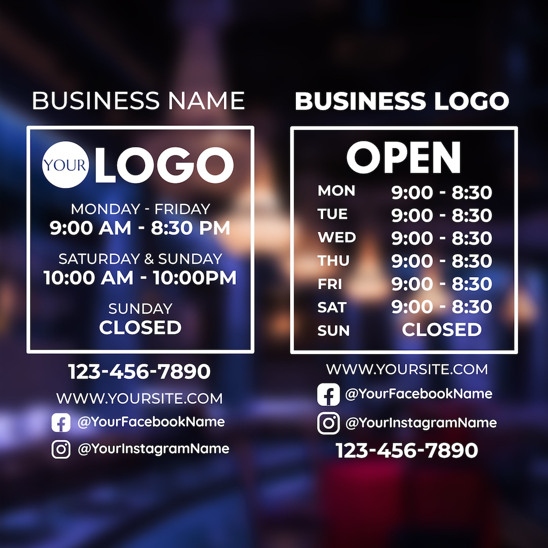Custom Business Hours Decal, Opening Hours Custom Logo, Open Hours ...