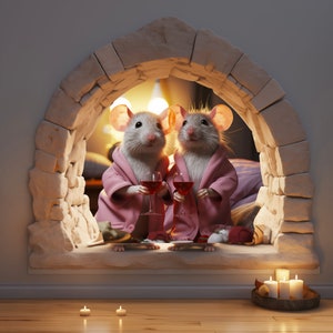 Mouse Couple Toasting Wine Hole Decal, Cute Mice Pajama Wall Sticker ...