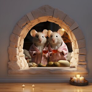 Mouse Couple Toasting Wine Hole Decal, Cute Mice Pajama Wall Sticker ...