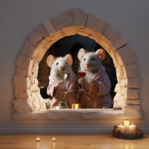 Mouse Couple Toasting Wine Hole Decal, Cute Mice Pajama Wall Sticker ...
