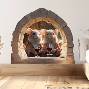Mouse Couple Toasting Wine Hole Decal, Cute Mice Pajama Wall Sticker ...