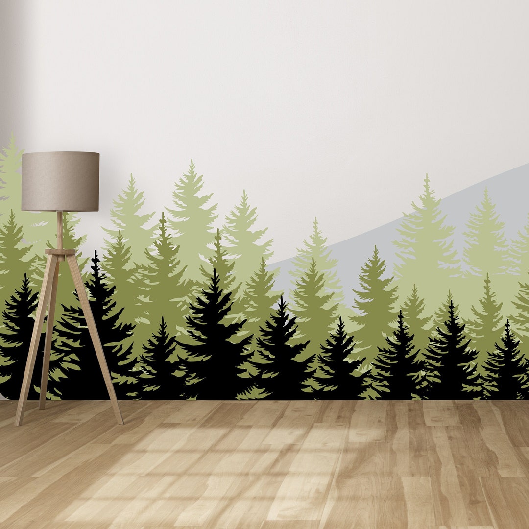 Forest Pine Tree Wall Decal, Pine Tree Forest Wallpaper，watercolor ...