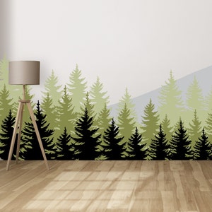 Forest Pine Tree Wall Decal, Pine Tree Forest Wallpaper，watercolor ...