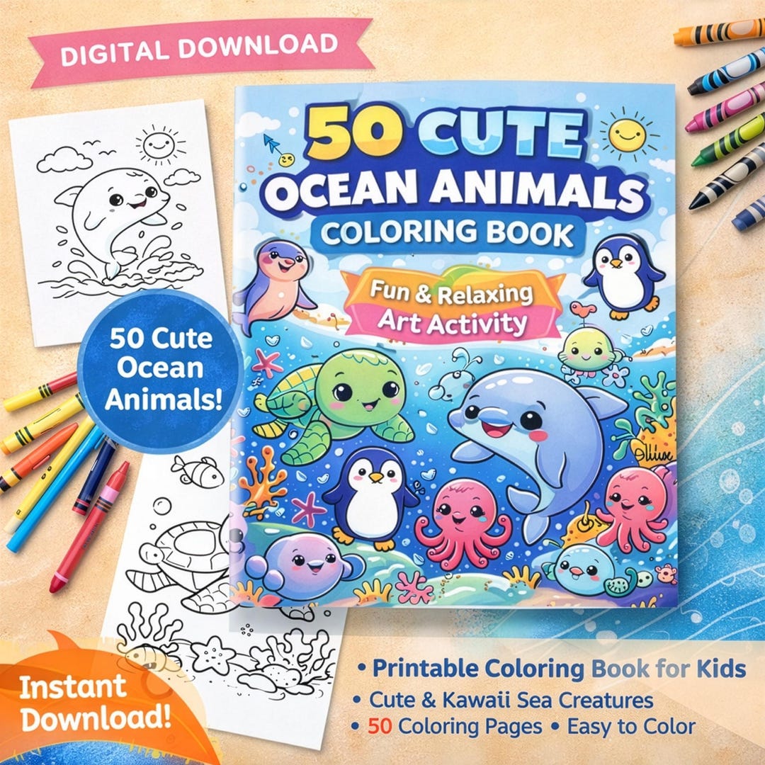 Cute Ocean Animals Coloring Book | 50 Cute Sea Creatures | Printable ...