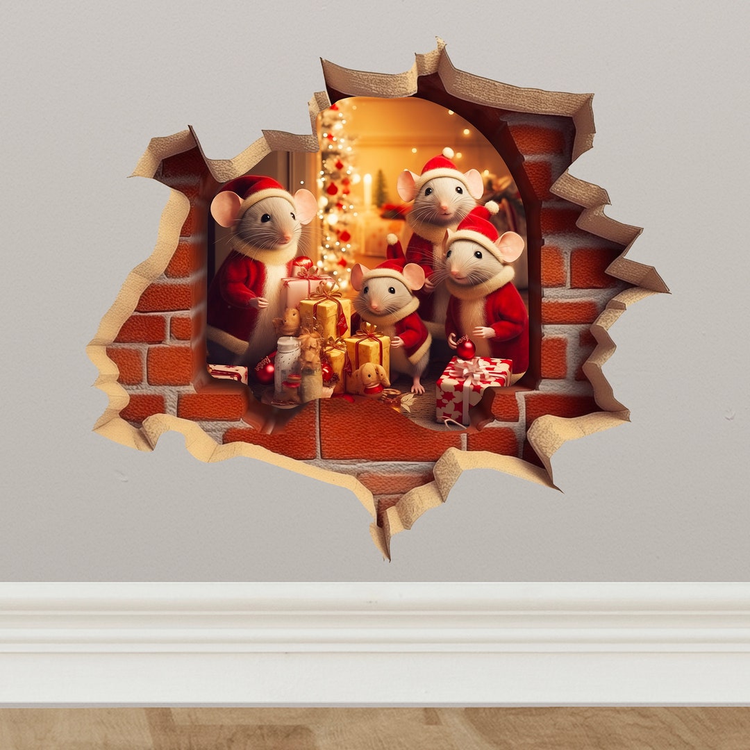 Happy Little Mice Christmas Family in Mouse Hole Decal, 3D Mouse Hole ...