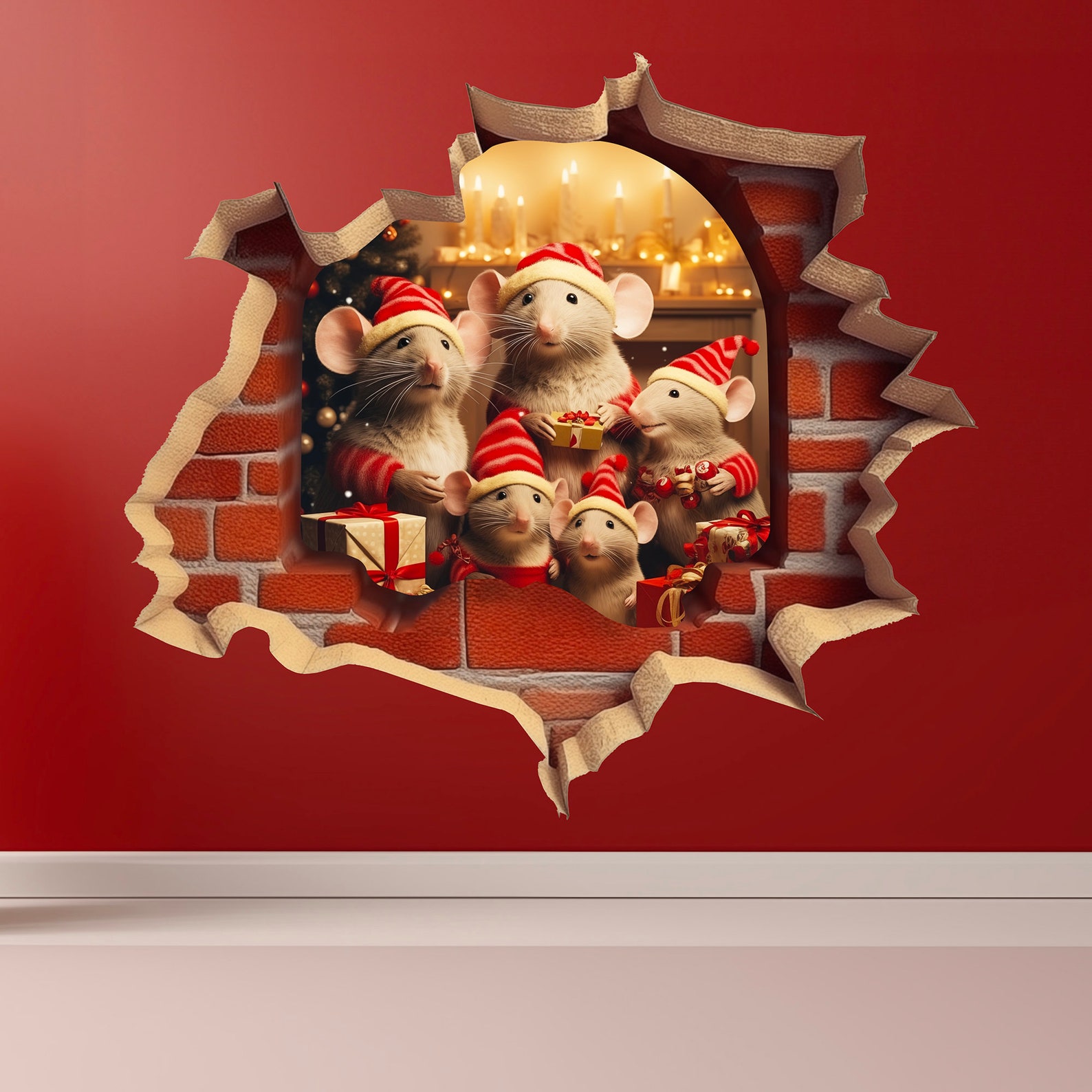 Happy Little Mice Christmas Family in Mouse Hole Decal, 3D Mouse Hole ...