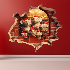 Happy Little Mice Christmas Family in Mouse Hole Decal, 3D Mouse Hole ...