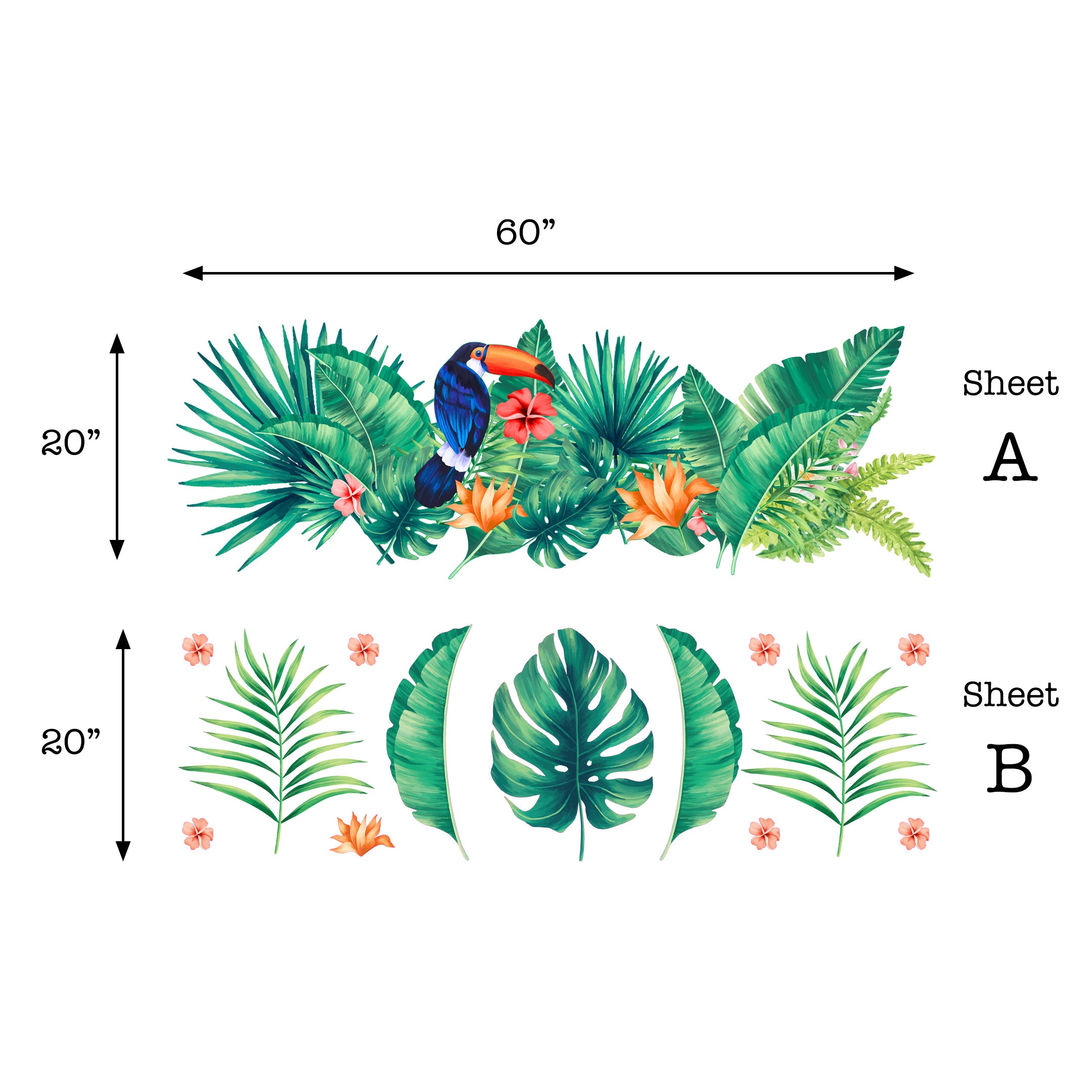 Tropical Leaf Green Leaves Floral Flower Wall Decals Sticker Living ...