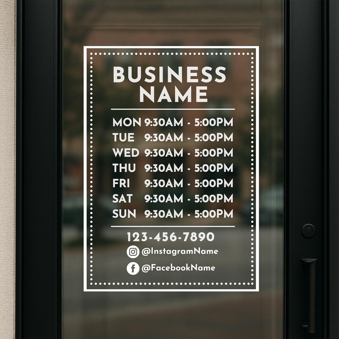Custom Business Hours Door Decal – Storefront Vinyl Window Sign ...