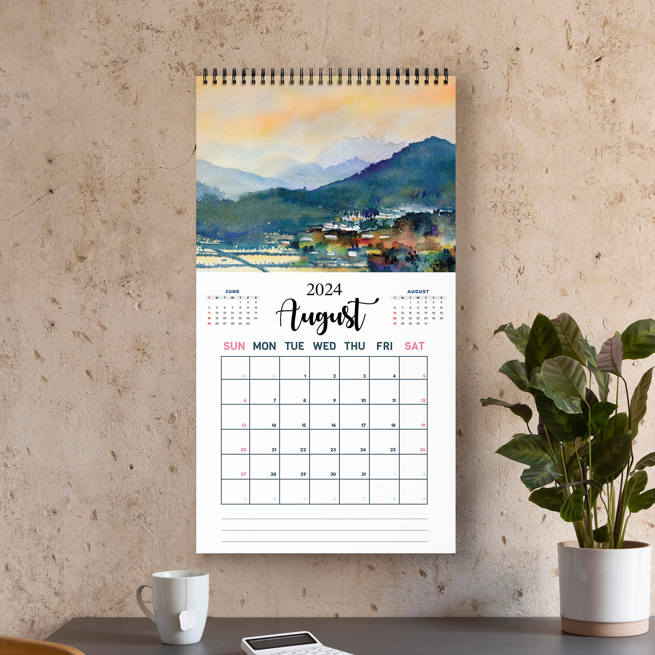2024 Wall Calendar, Watercolor Landscape Seasons Calendar, Hanging Wall ...