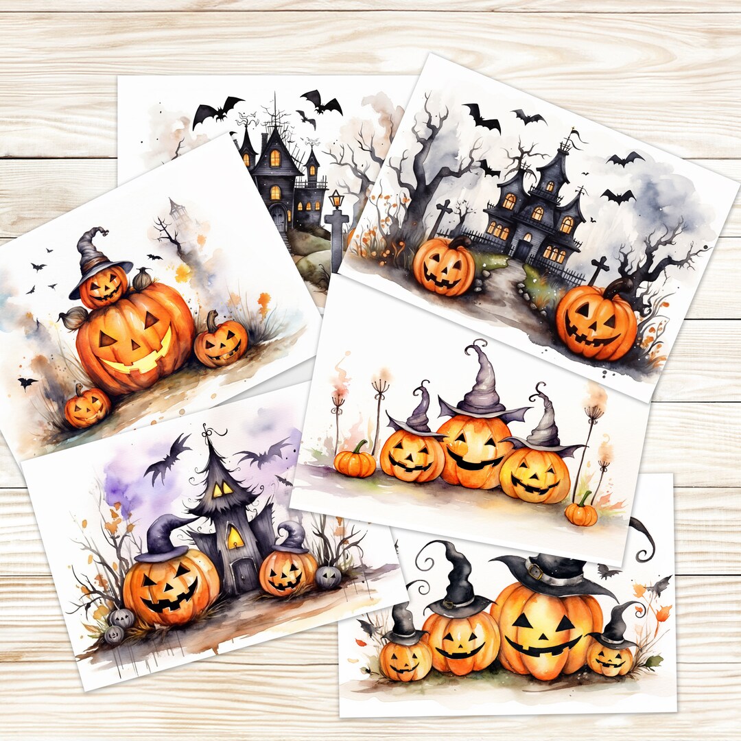 Happy Halloween Card Set of 6, Watercolor Halloween Cards, Fall Card ...
