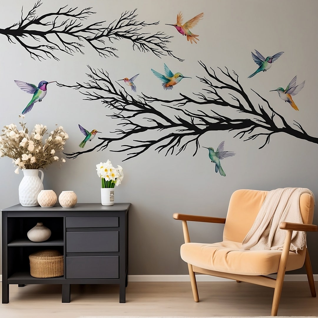 Tree Branch Bird Wall Decal, Branch & Watercolor Birds Decals, Nursery ...