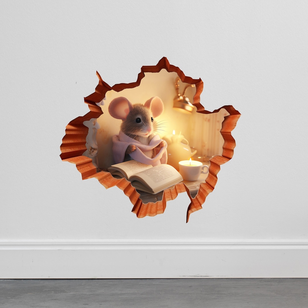 Cute Mouse Hole, Mouse Reading Book in Wall Hole Decal, Mouse Hole ...