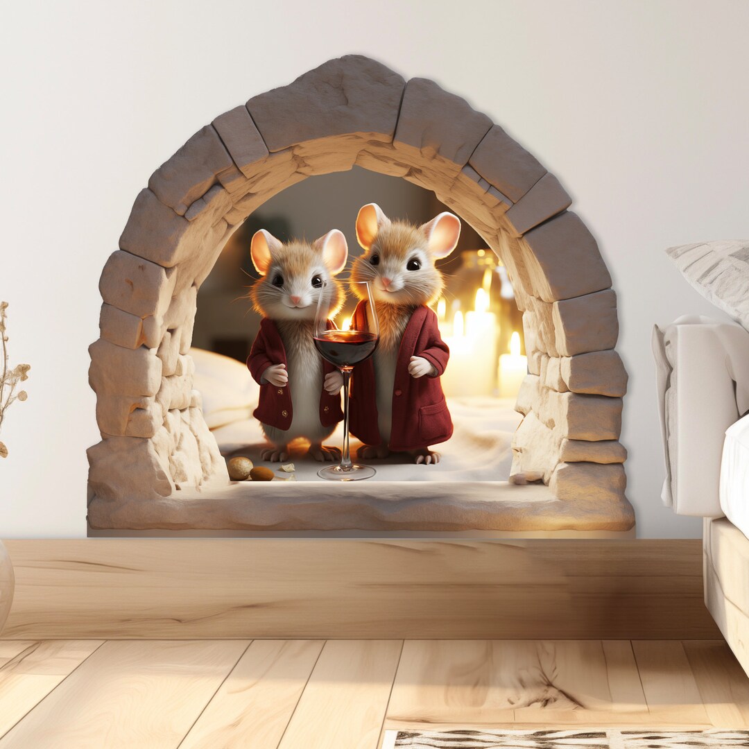 Mouse Couple Toasting Wine Hole Decal, Cute Mice Pajama Wall Sticker ...