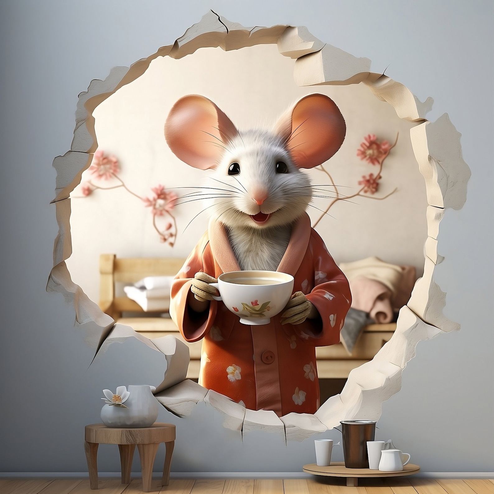 Cute Mouse Hole, an Elegant Mouse Sips Tea in Wall Hole Decal, Tea Time ...