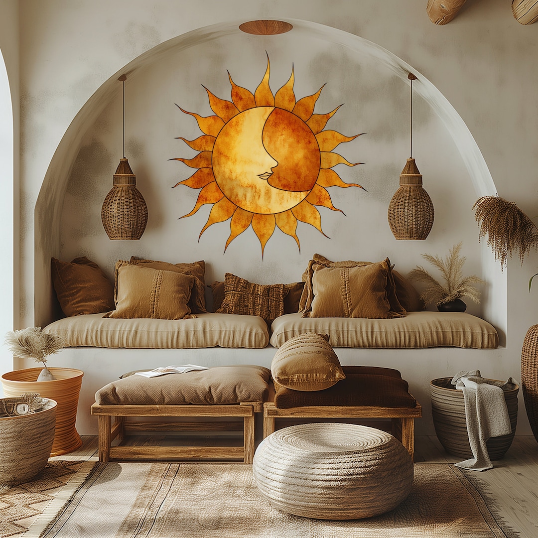 Sun and Moon Wall Decal - Boho Decor for Living Room - Large Sunburst ...