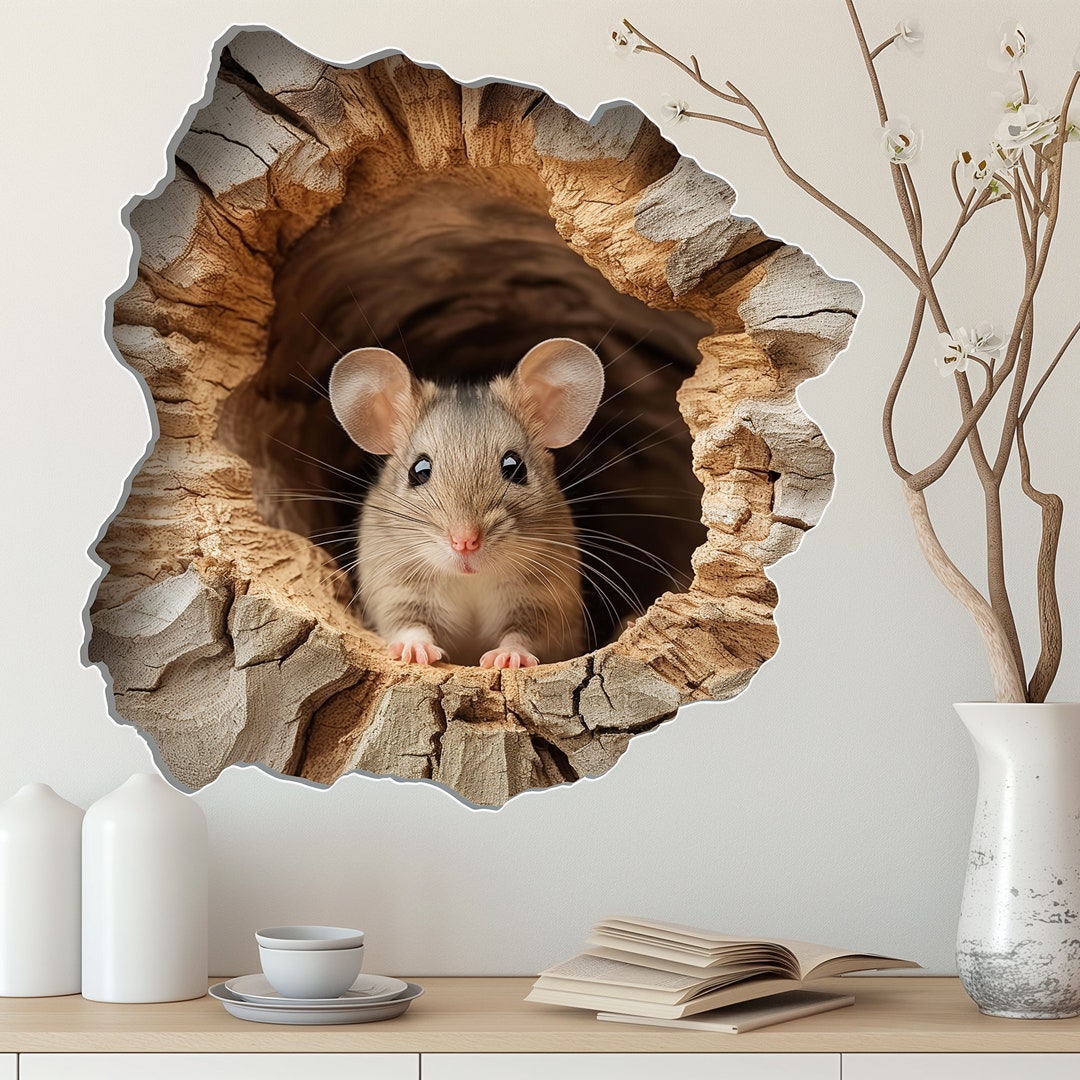 Mouse Peeking Out From Mouse Hole Decal - Rustic Mouse Hole 3D Wall ...