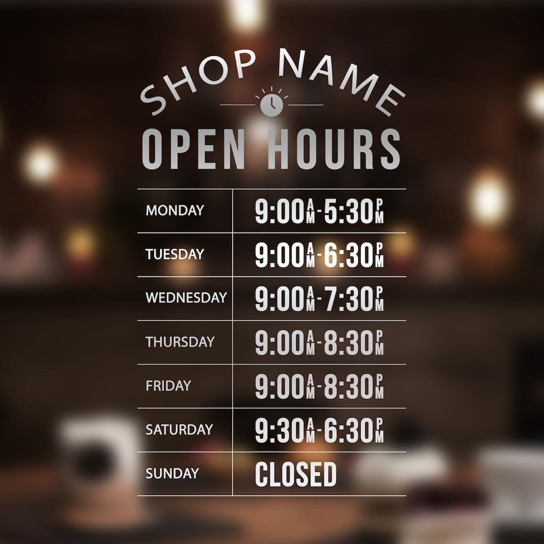 Store Business Hours Decal, Restaurant Hours of Operation Decal, Store ...