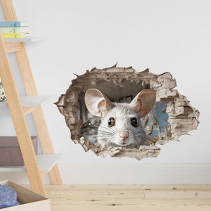 3D Mouse in Mousehole Decal Sticker, Charming Cracked Wall Art for Kids ...