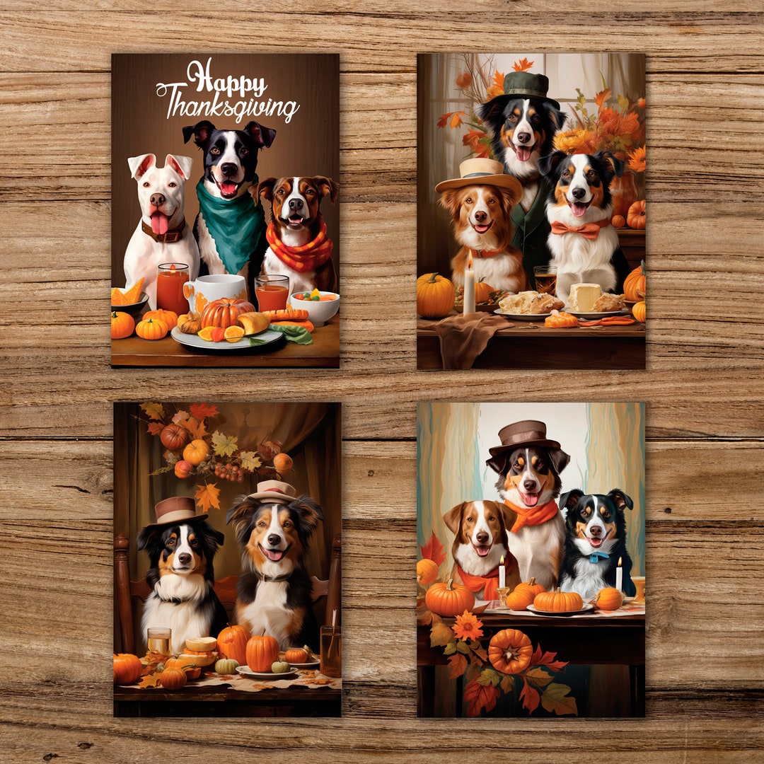 Supperb Thanksgiving Cards Set - Dressed up Dogs Enjoy a Thanksgiving ...