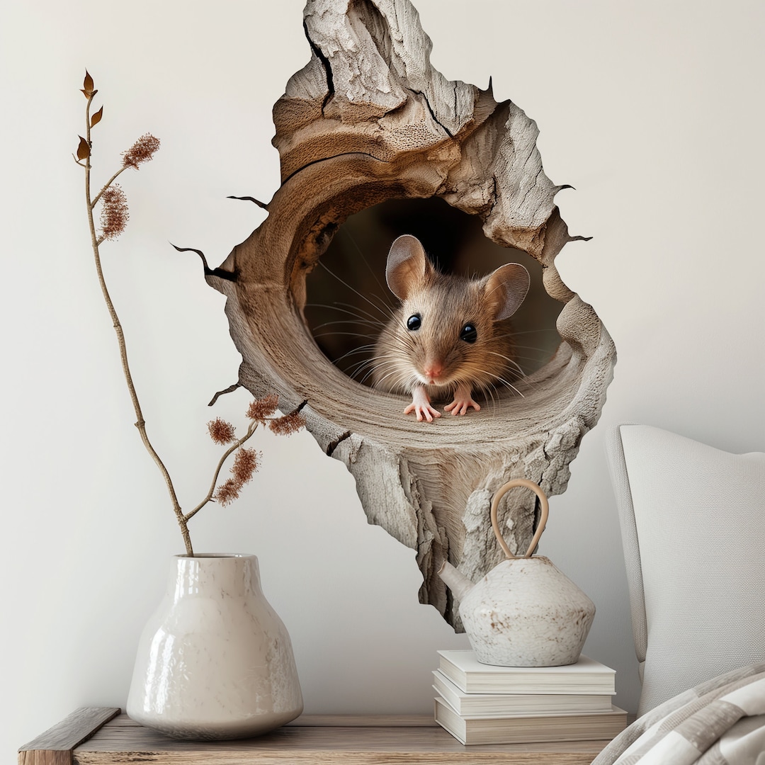 Mouse Peeking Out From Mouse Hole Decal - Rustic Mouse Hole 3D Wall ...