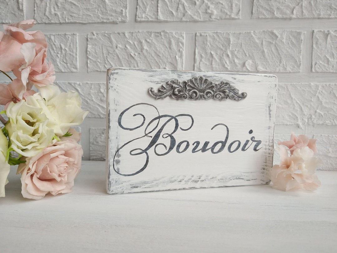 Boudoir Sign, French Country Decor, White Gray Boudoir Wood Block Stand ...
