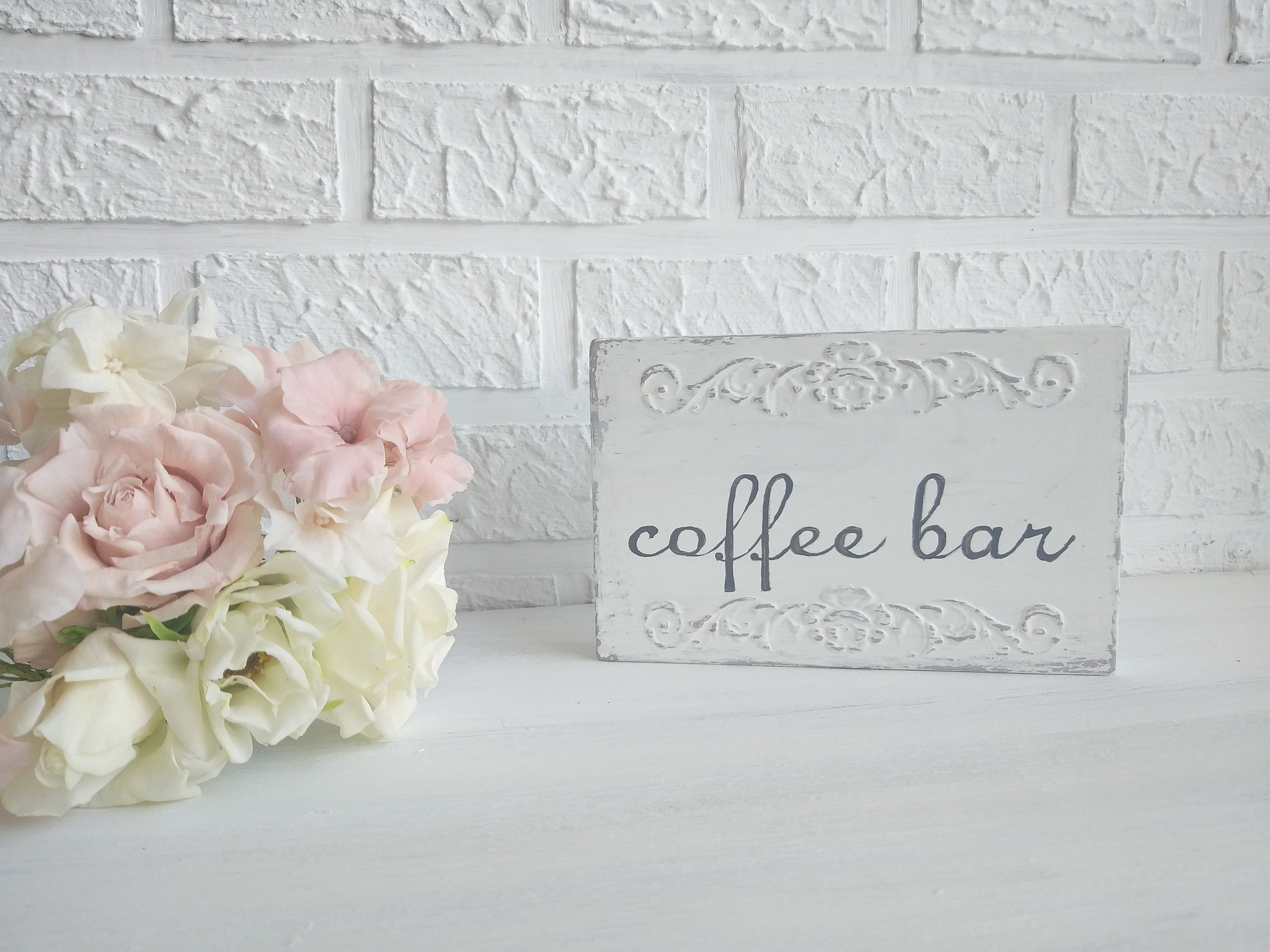 Small Coffee Bar Sign, Distressed Coffee Block Sign Stand, Farmhouse ...