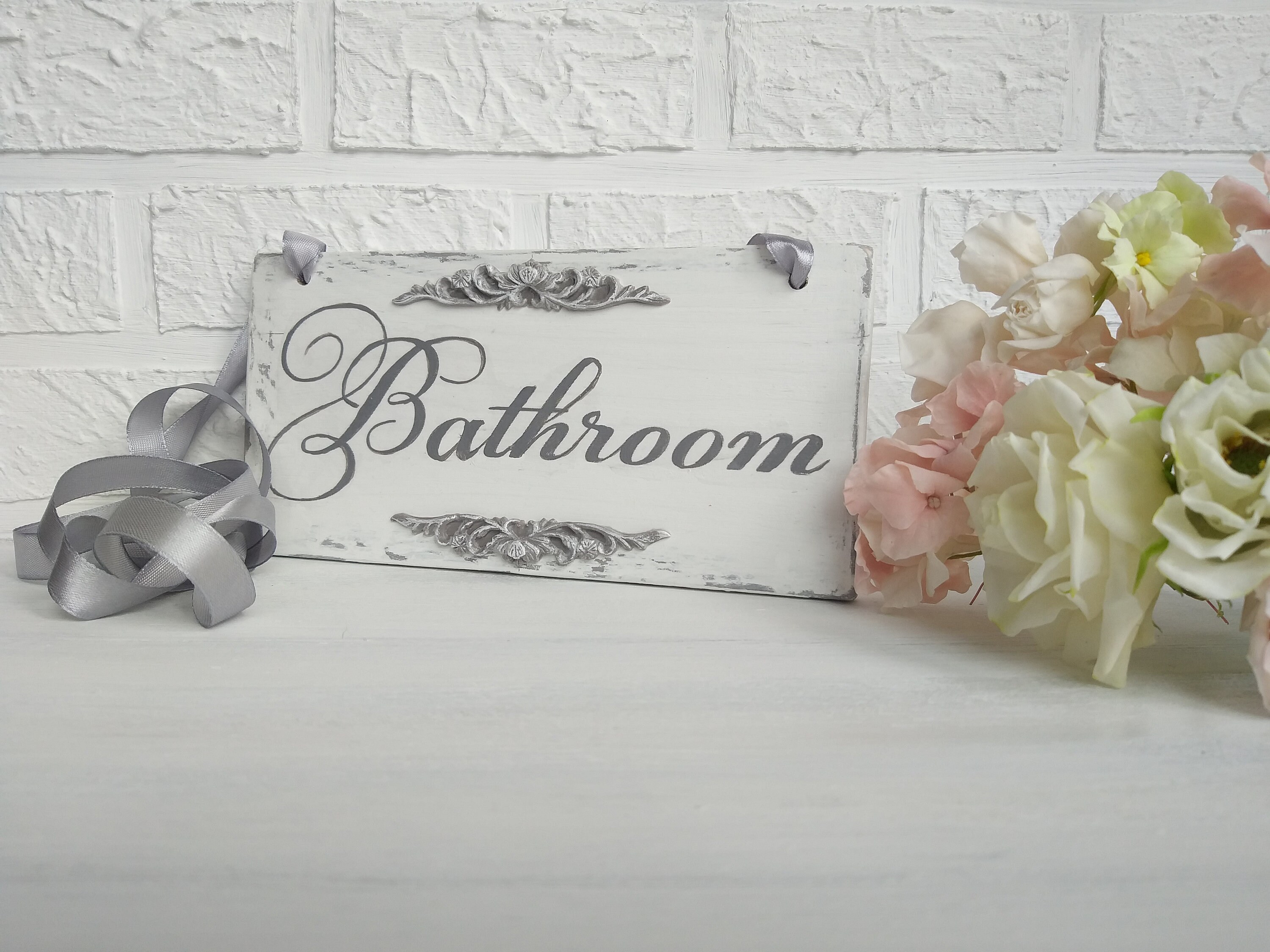 Elegant bathroom sign White gray bath signage Small hanging | Etsy
