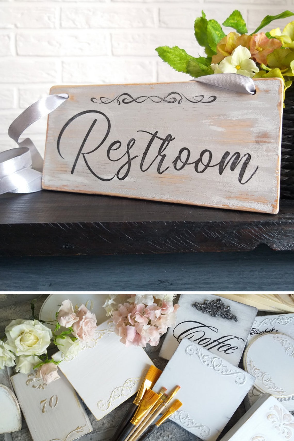 Hanging restroom sign for door Vintage farmhouse powder room | Etsy