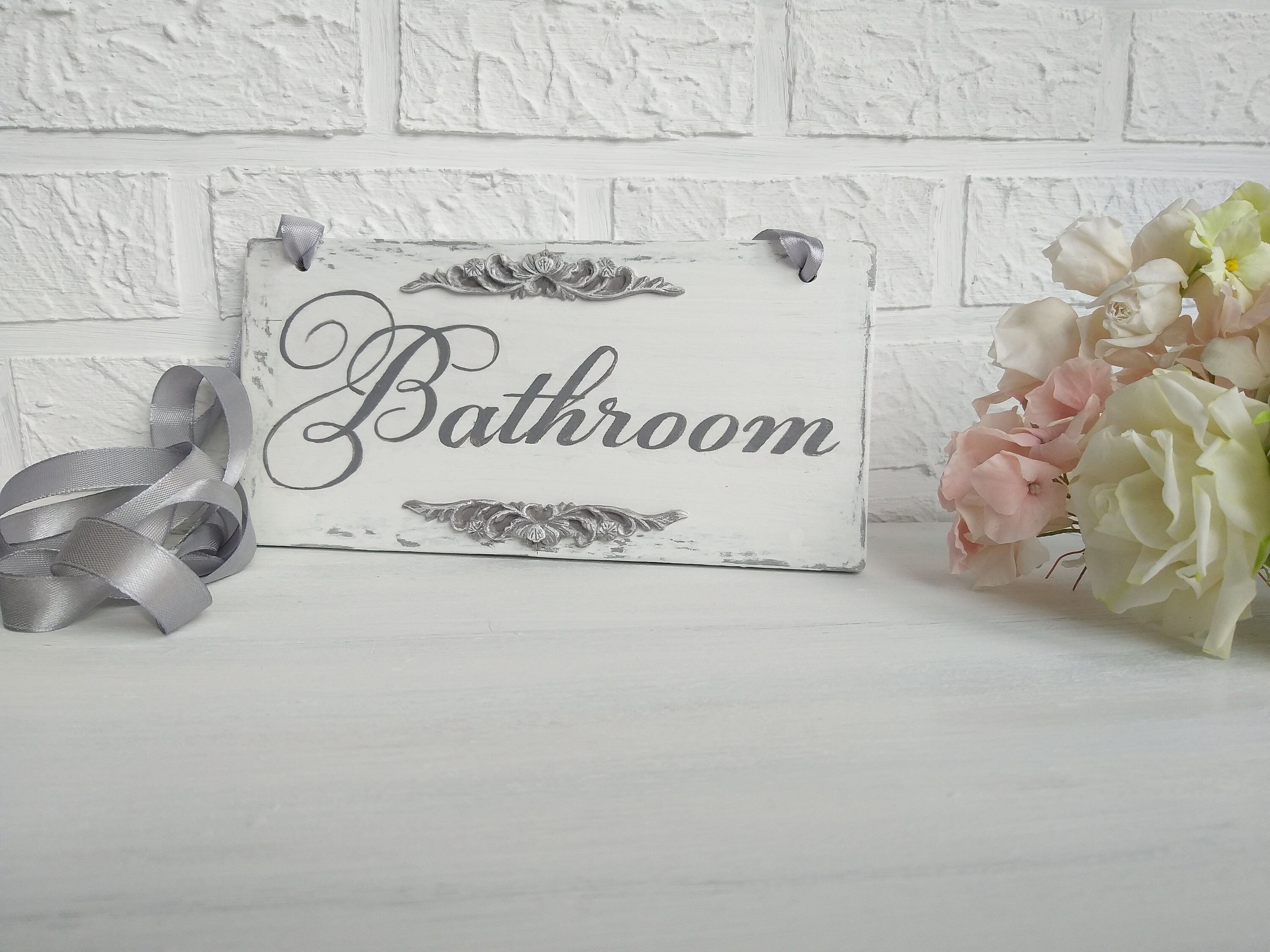 Elegant bathroom sign White gray bath signage Small hanging | Etsy