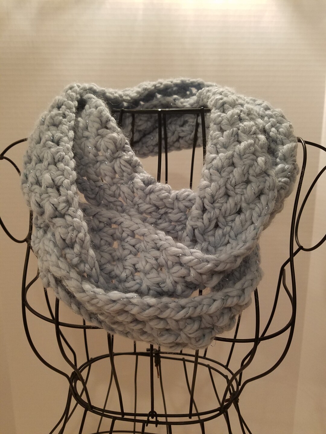 Shiny Baby Blue Winter Scarf, Chunky Infinity Scarf, Crochet Warm and ...
