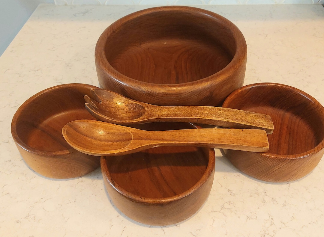 Vintage Wood Monkey Pod Salad Bowl Set, Flower Shaped Wooden Bowls ...