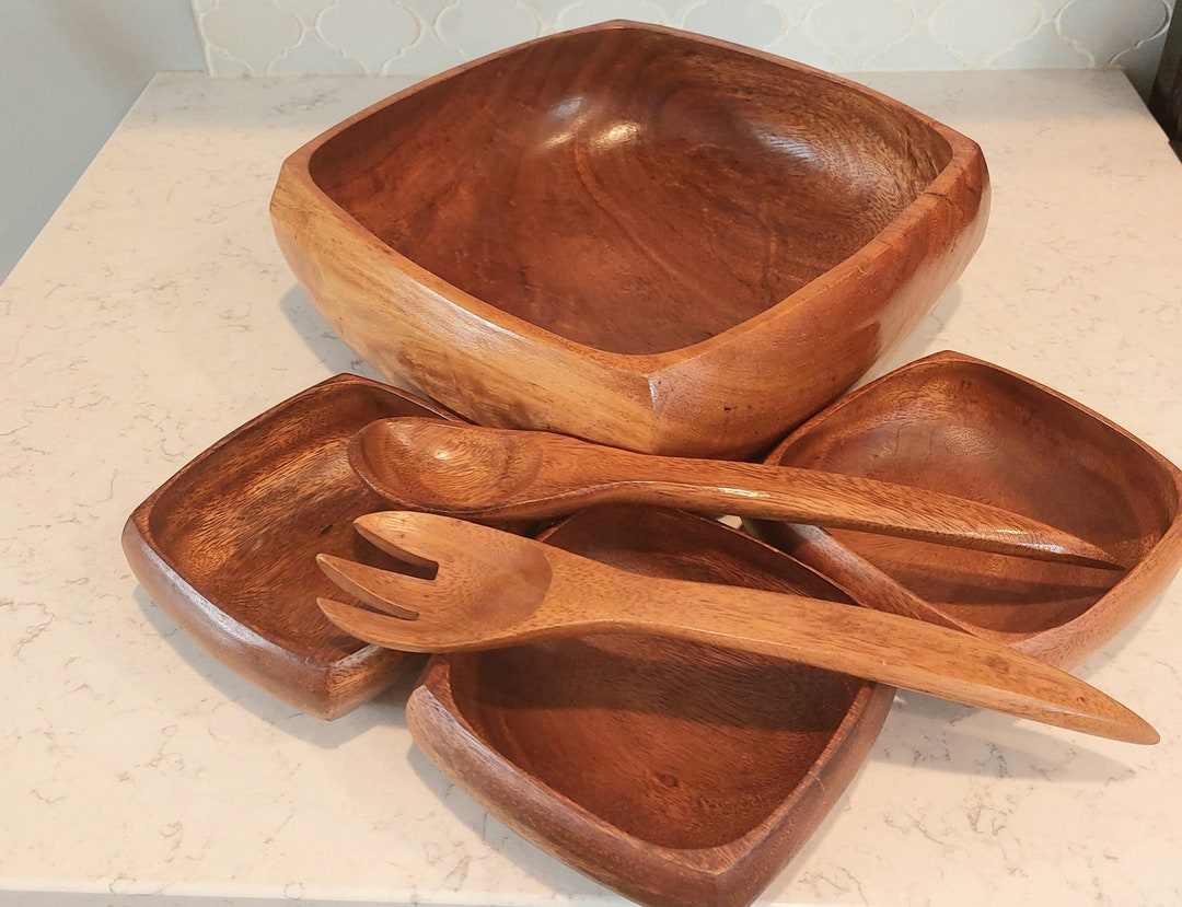 Vintage Wood Monkey Pod Salad Bowl Set, Flower Shaped Wooden Bowls ...