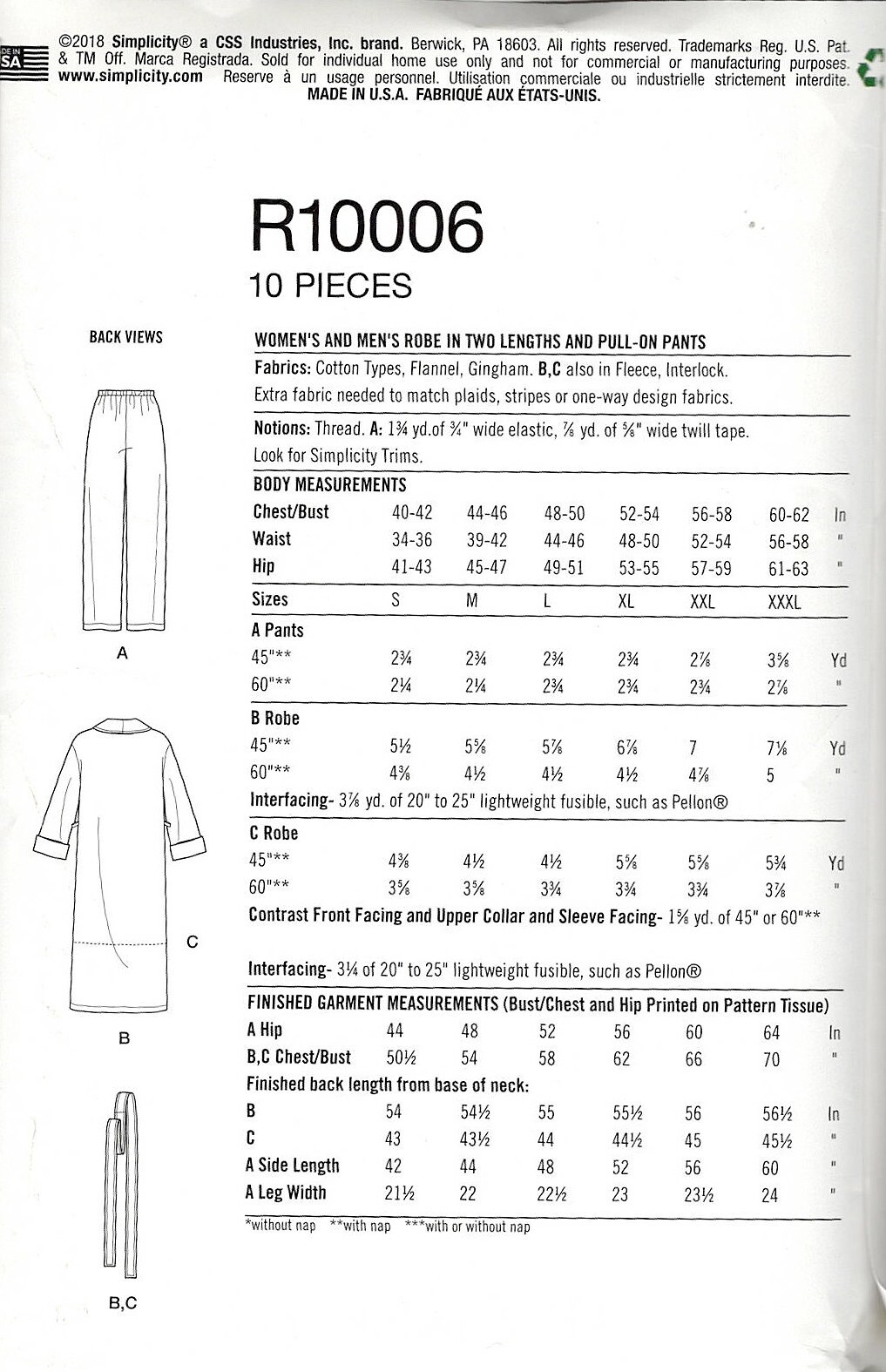 Simplicity Sewing Pattern R10006 Women's & Men's Robe Two Lengths and ...