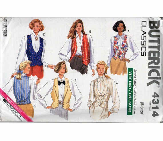 Vintage Classics Butterick 4314 Vest Sewing Pattern/ Size | Etsy