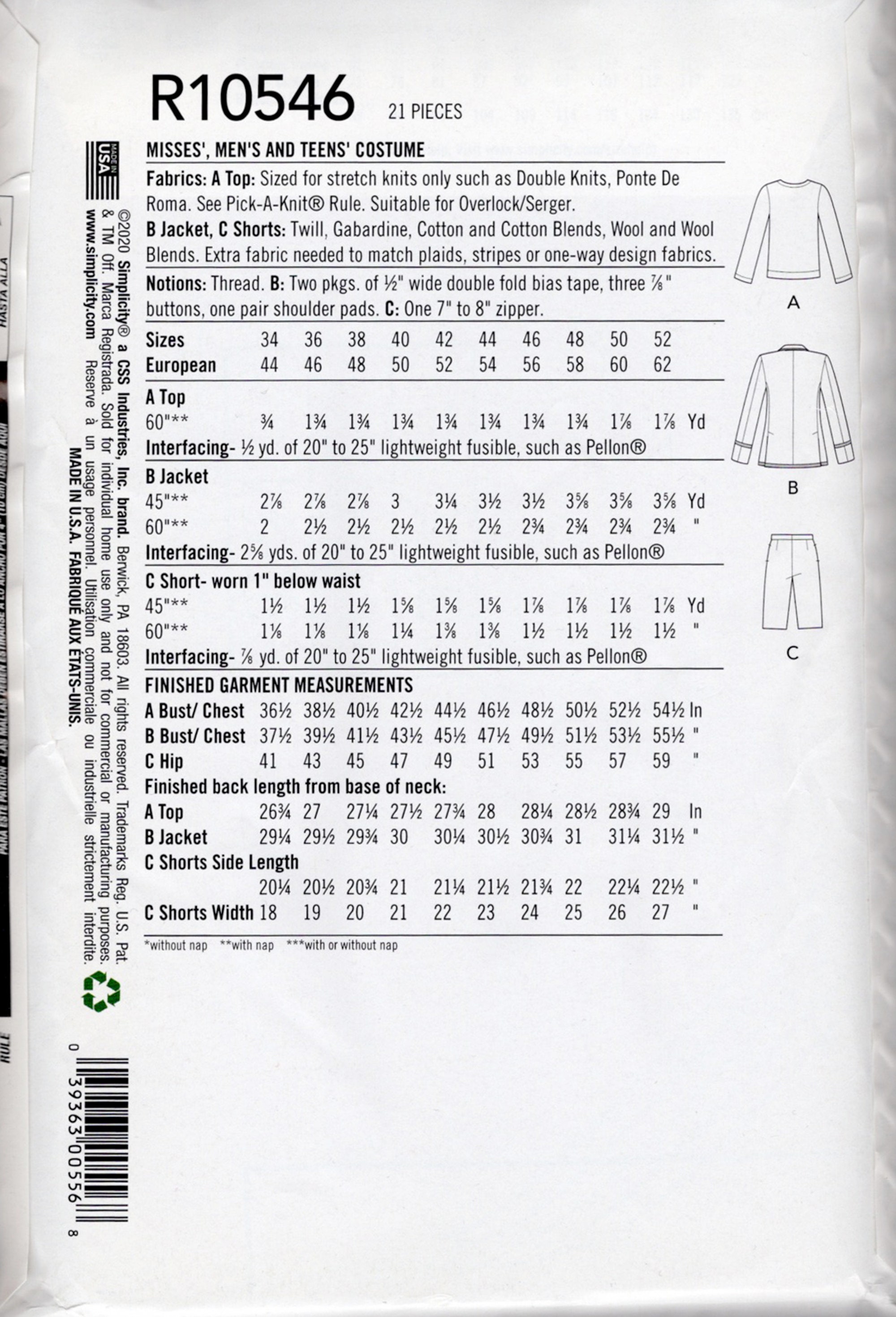 Simplicity #R10546 Costume Sewing Pattern Unisex/ Blazer/ Top/ Shorts ...