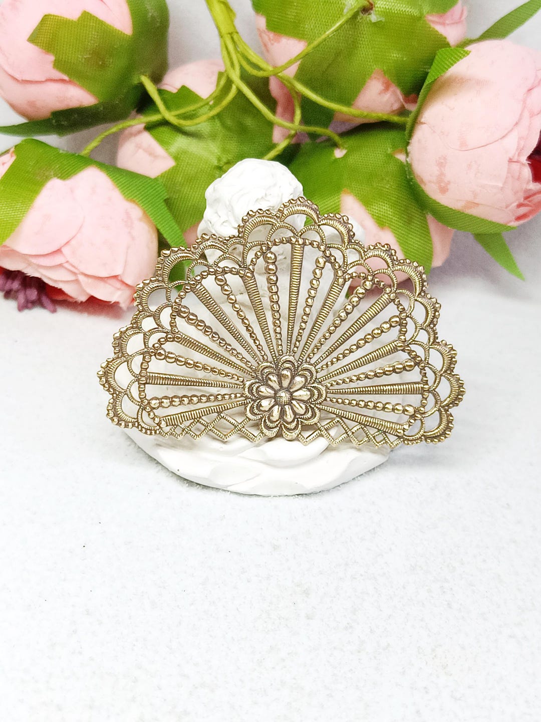 Large Brass Filigree Fan Stamping With Floral Center, Vintage Style ...
