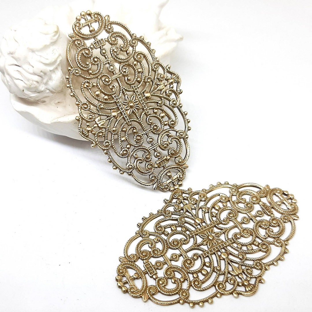 2 Pcs Raw Brass Filigree Stamping Large Flat Brass Filigree Supplies ...
