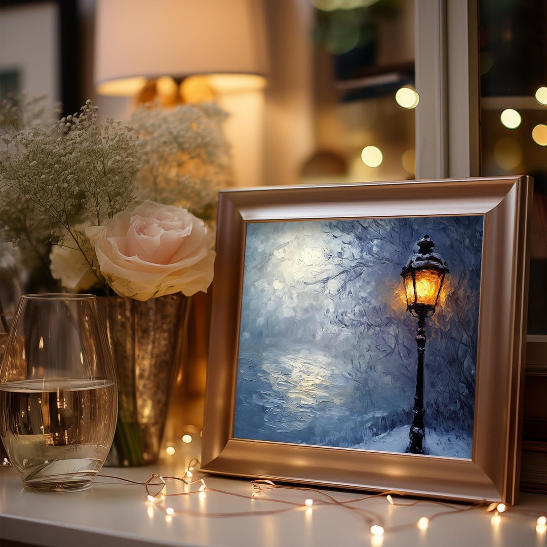 Moody Winter Lamppost Printable - Snow-dusted Scene, Vintage Night Art ...