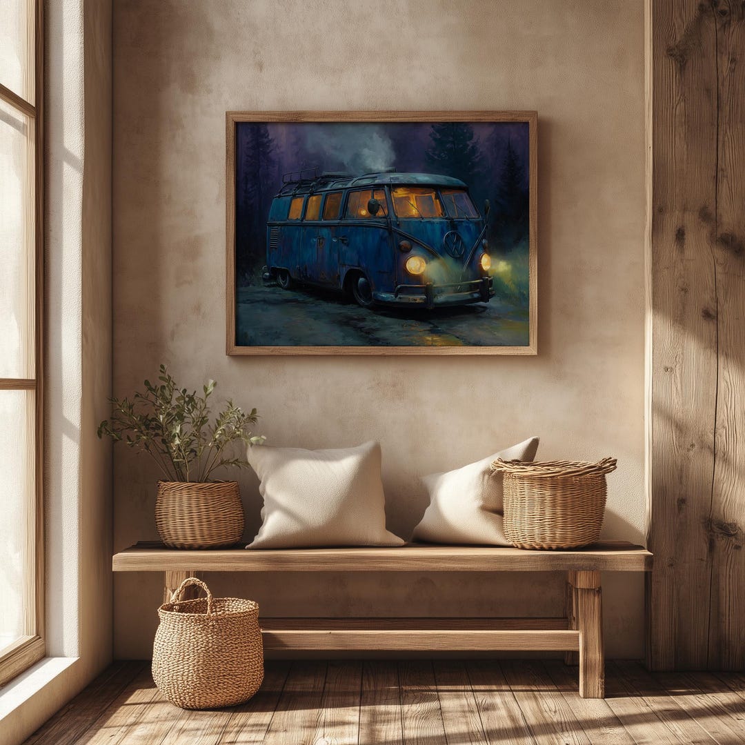 Spooky VW Camper Van in Misty Pine Forest - Moody Night Painting ...
