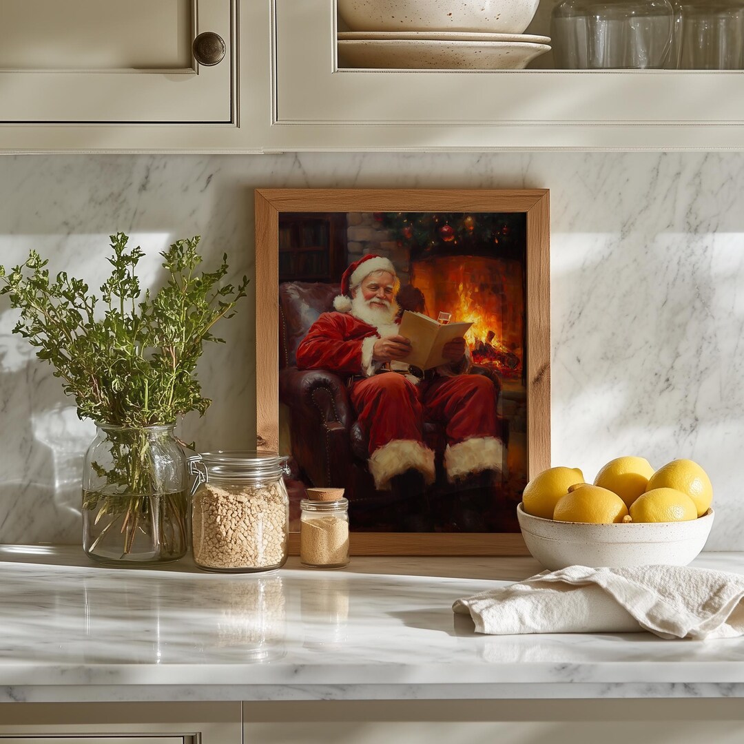 Father Christmas Reading by Fireplace - Classic Cozy Christmas Wall Art ...