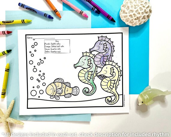 Ocean Rhythm Level 2 Color by Note Worksheets for Half Notes ...