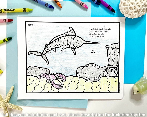 Ocean Rhythm Level 2 Color by Note Worksheets for Half Notes Sixteenth ...