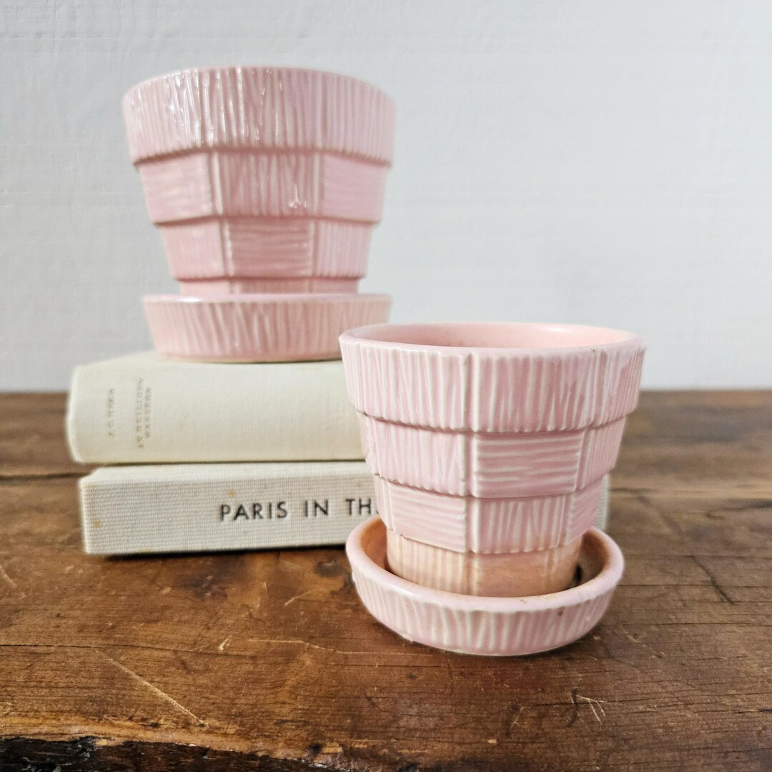 Vintage PINK Mccoy Pottery Planters. Mccoy Basket Weave Pink Flower ...