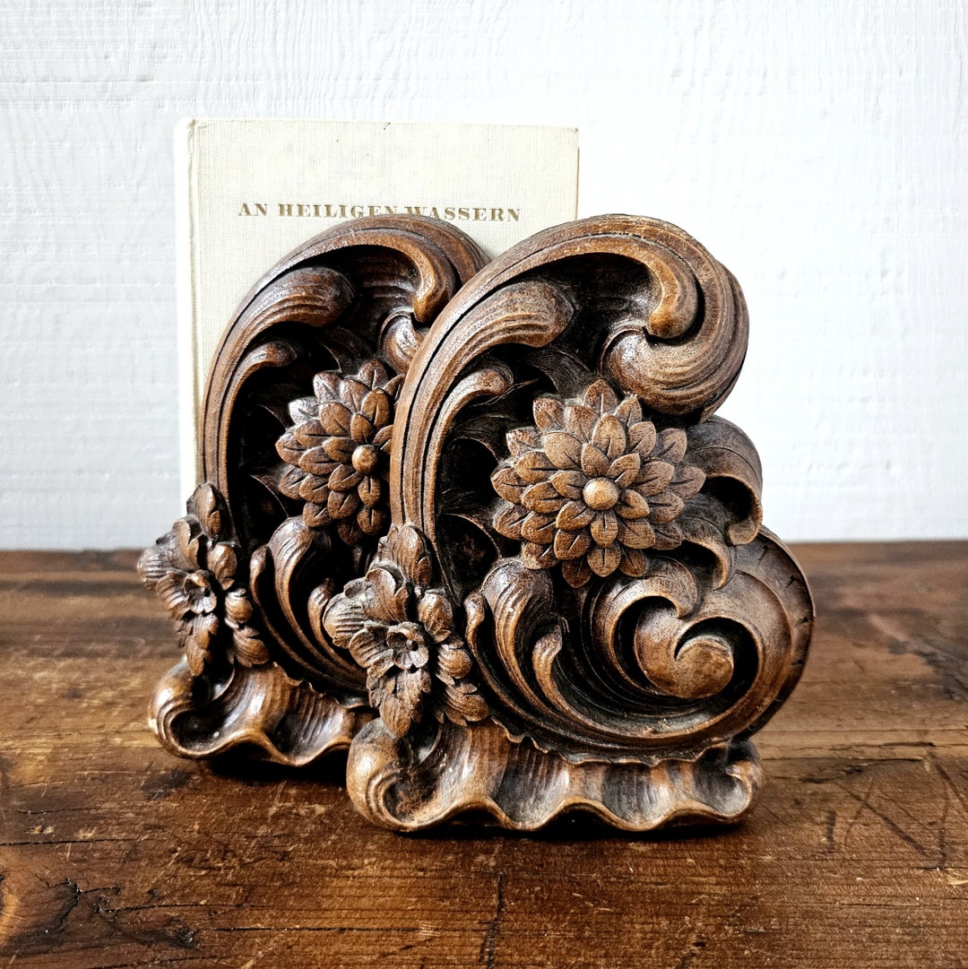 Carved Wood Bookends, Floral Pressed Wood Book Ends. - Etsy