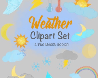 Weather Clipart Set Cute Weather Clip Art Kawaii Weather - Etsy