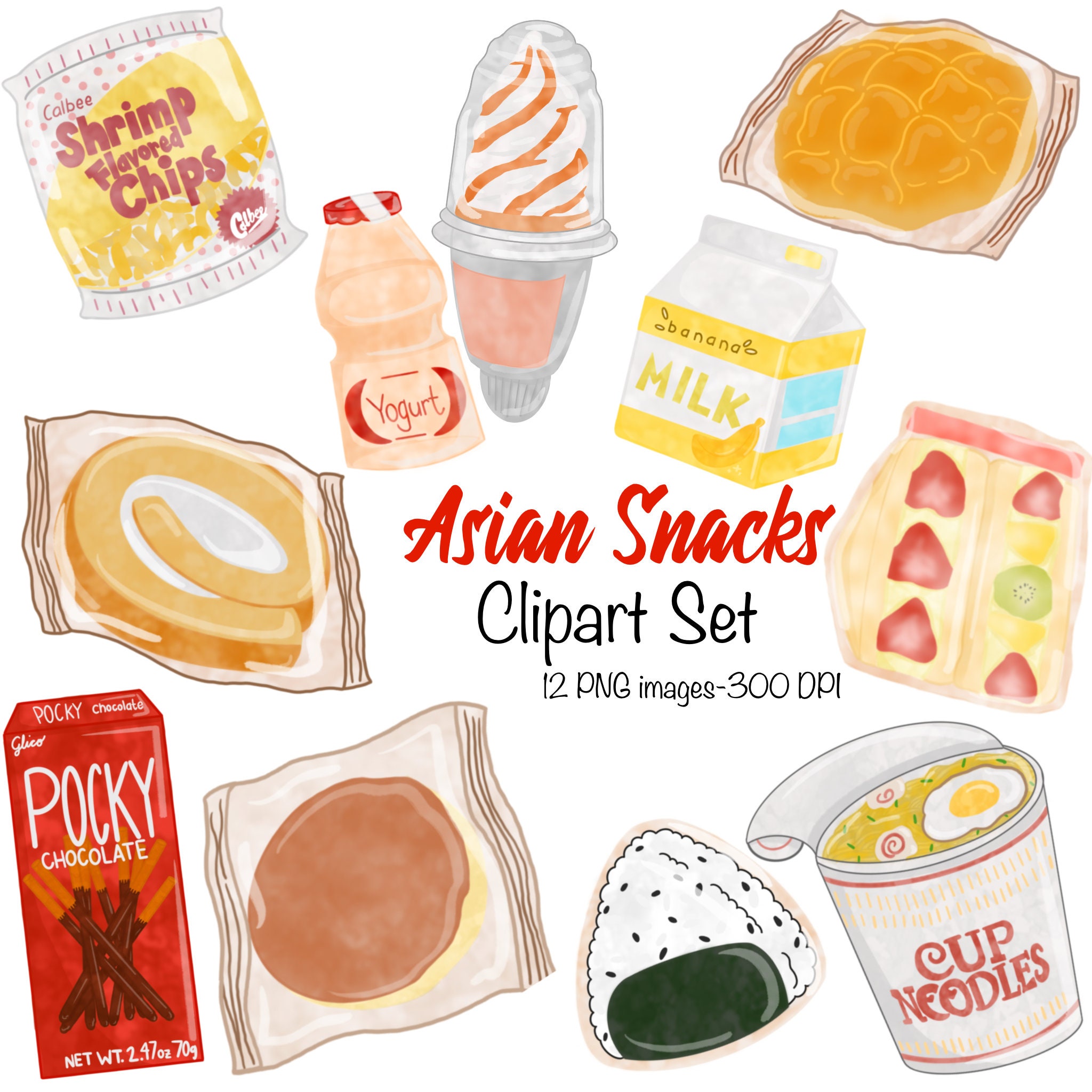 Asian Snacks Clipart Set-pocky-bananamilk-cupnoodle-watercolor - Etsy