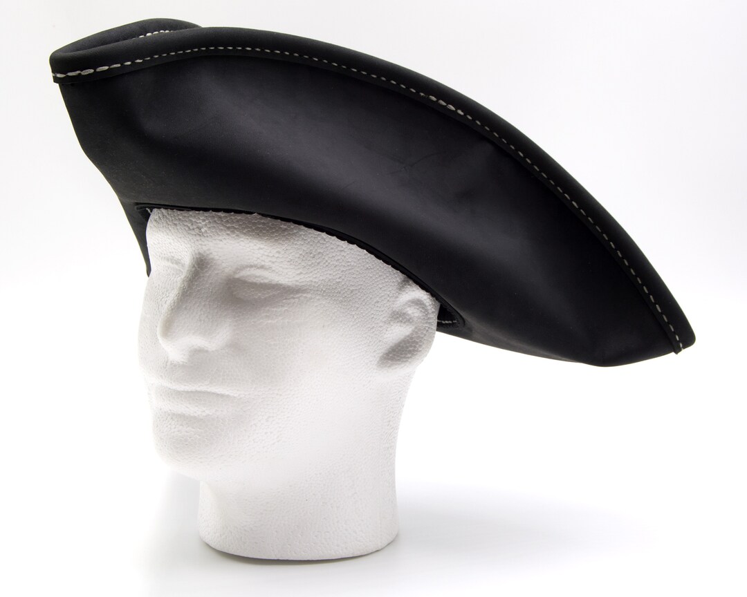 Tricorne Pirate Hat - Black Full Grain Leather With White Stitching - Etsy