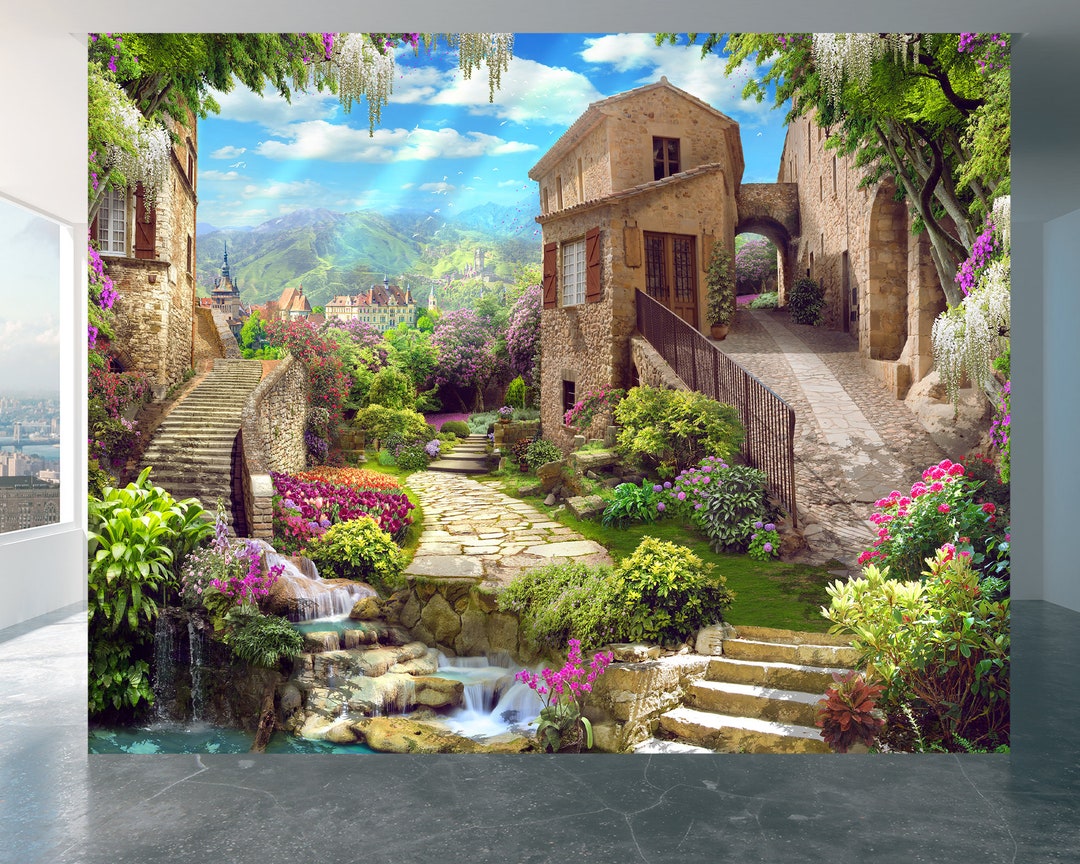 Retro Village Peel and Stick Wall Mural, Living Room Wallpaper ...